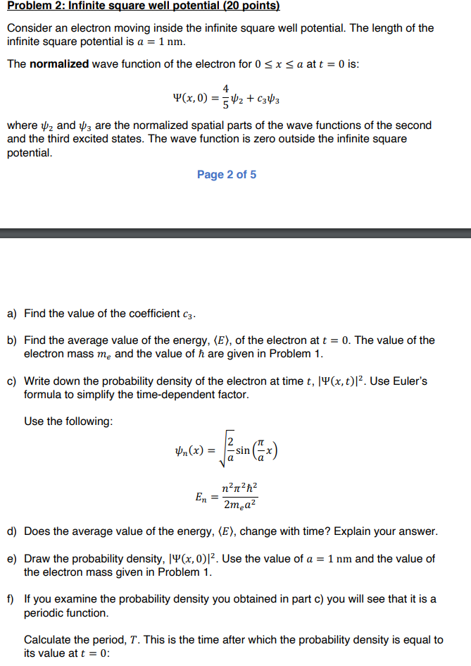 Solved Problem 2: Infinite square well potential (20 points) | Chegg.com