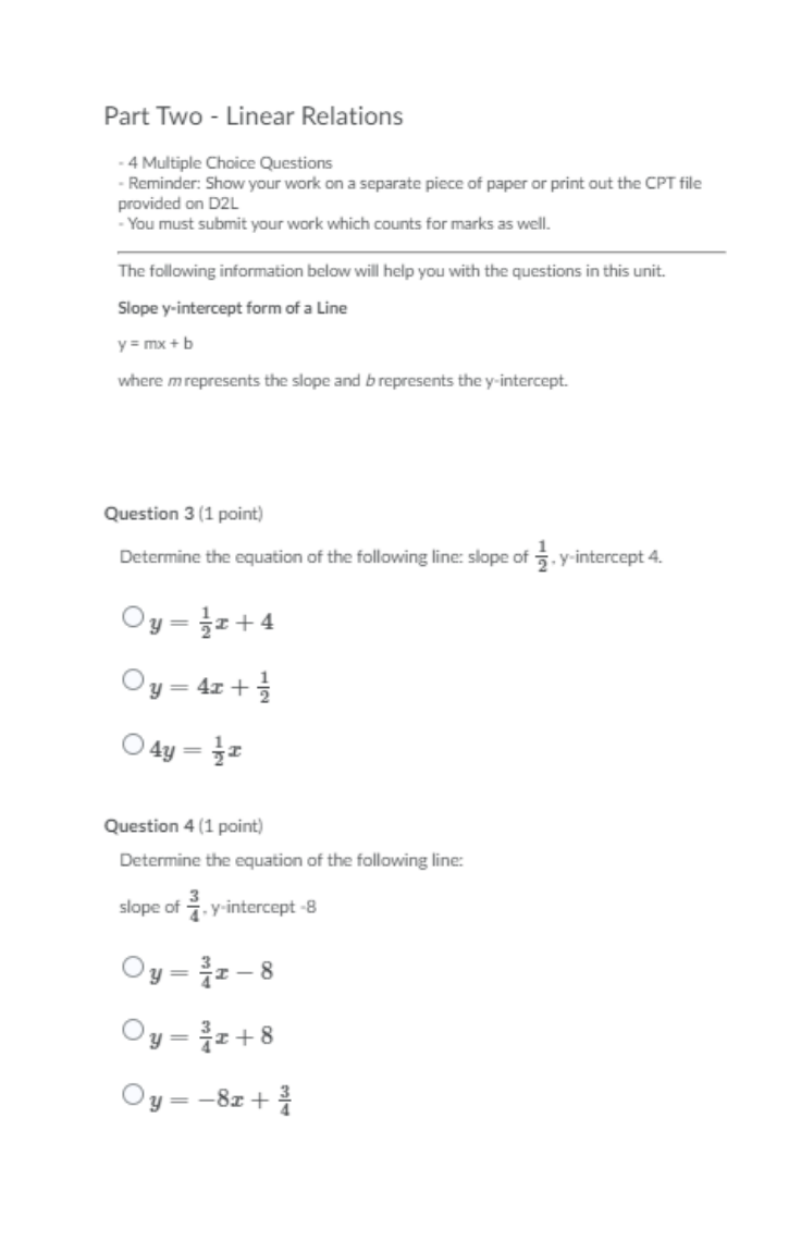 Solved Part Two - Linear Relations - 4 Multiple Choice | Chegg.com