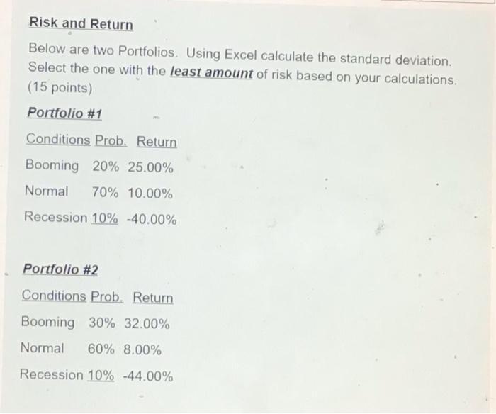 Solved Risk and Return Below are two Portfolios. Using Excel | Chegg.com