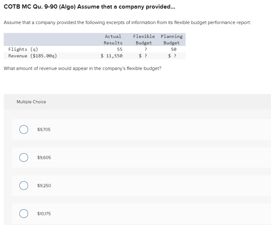 Solved COTB MC Qu. 9-90 (Algo) Assume that a company | Chegg.com