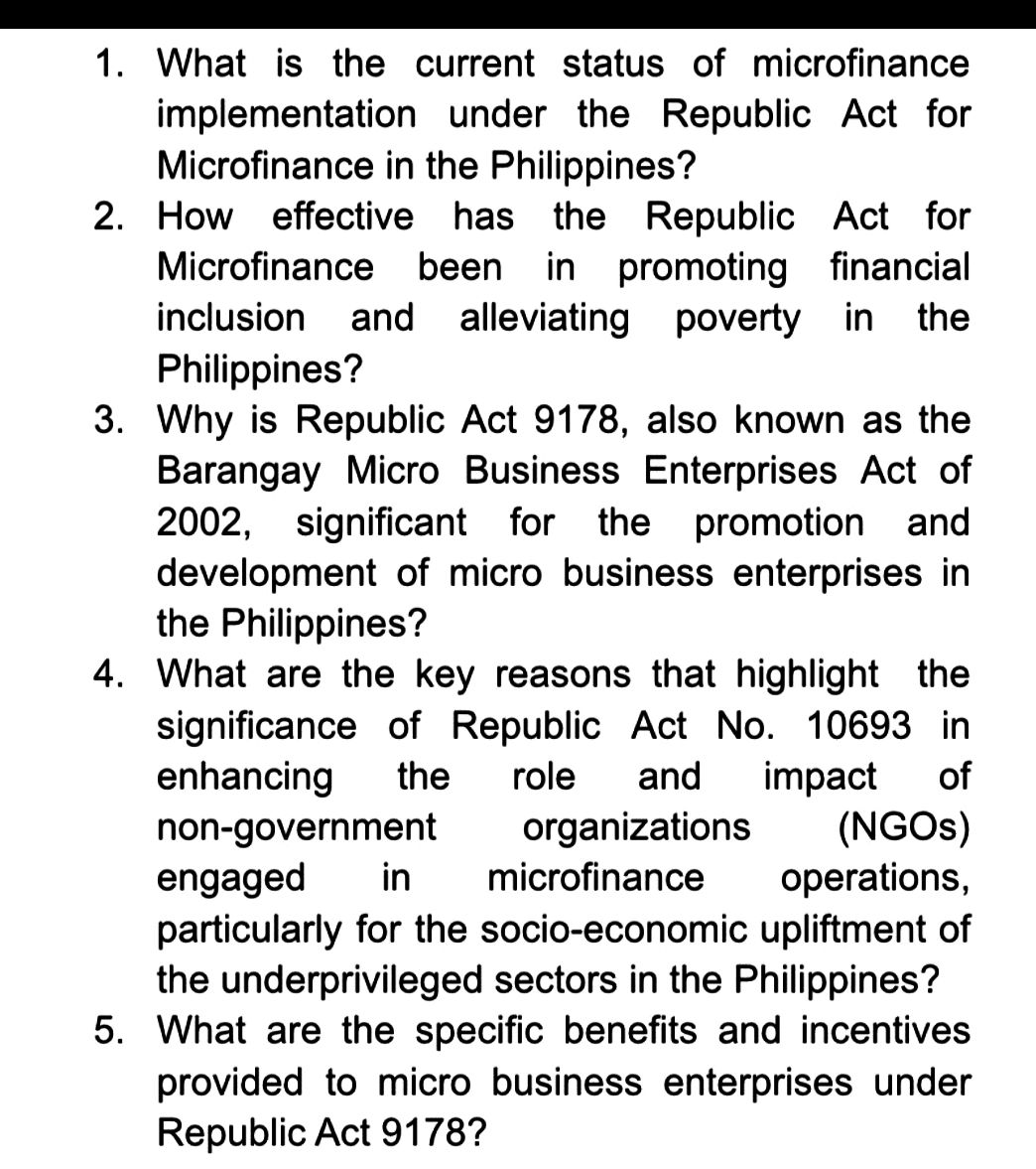 Solved 1. What is the current status of microfinance | Chegg.com