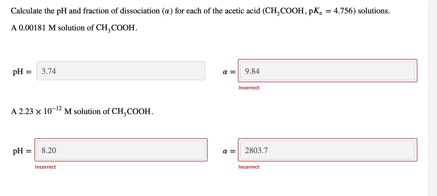 Solved Calculate the pH and fraction of dissociation (a) for | Chegg.com