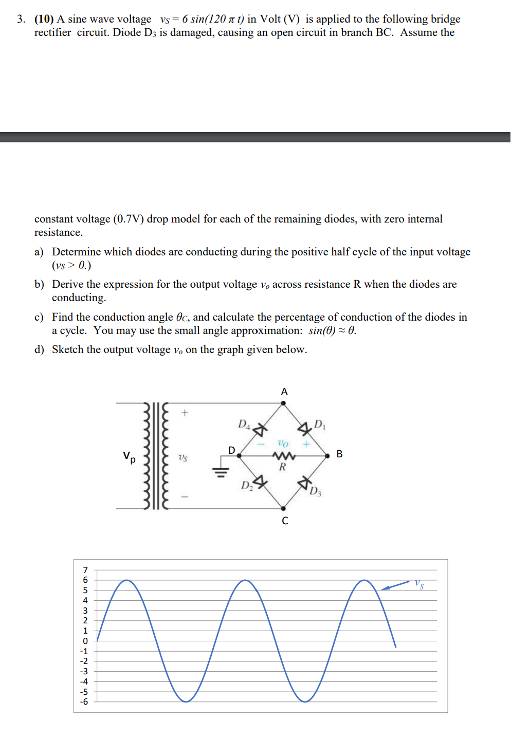 3. (10) A sine wave voltage vS=6sin(120πt) in Volt | Chegg.com