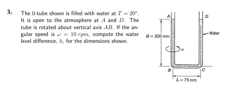 Solved 35 The U-tube shown is filled with water at T=20∘. It | Chegg.com