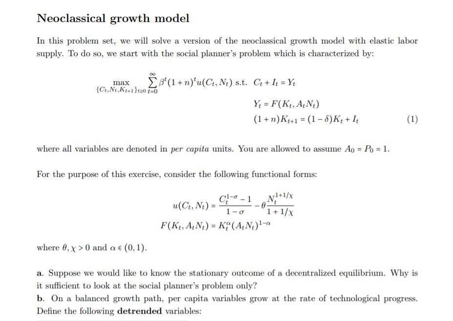 Neoclassical growth model In this problem set, we | Chegg.com
