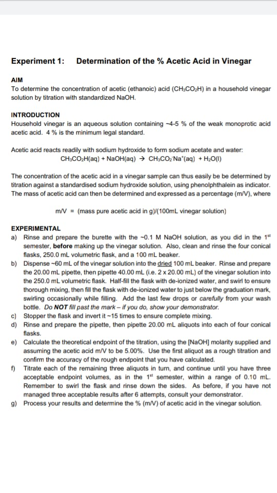 Experiment 1: Determination of the % Acetic Acid in | Chegg.com