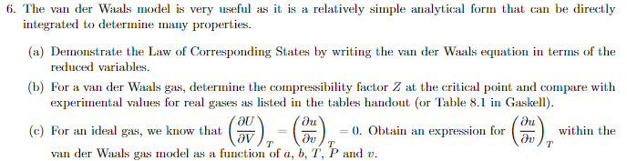 Solved 6. The van der Waals model is very useful as it is a | Chegg.com