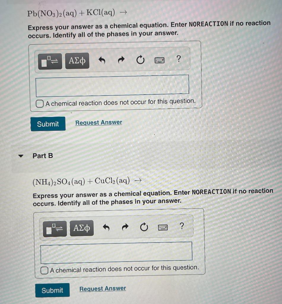 Solved Pb(NO3)2(aq)+KCl(aq)→ Express your answer as a | Chegg.com