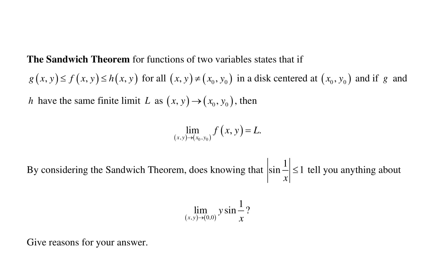 Solved The Sandwich Theorem for functions of two variables | Chegg.com