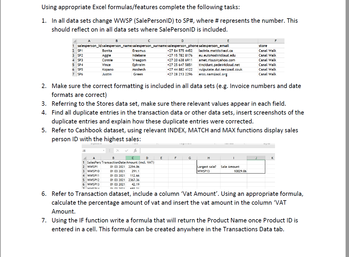Using appropriate Excel formulas/features complete | Chegg.com