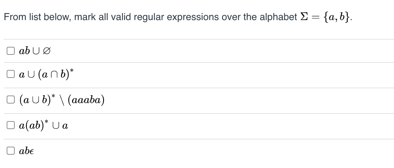 Solved From list below, mark all valid regular expressions | Chegg.com