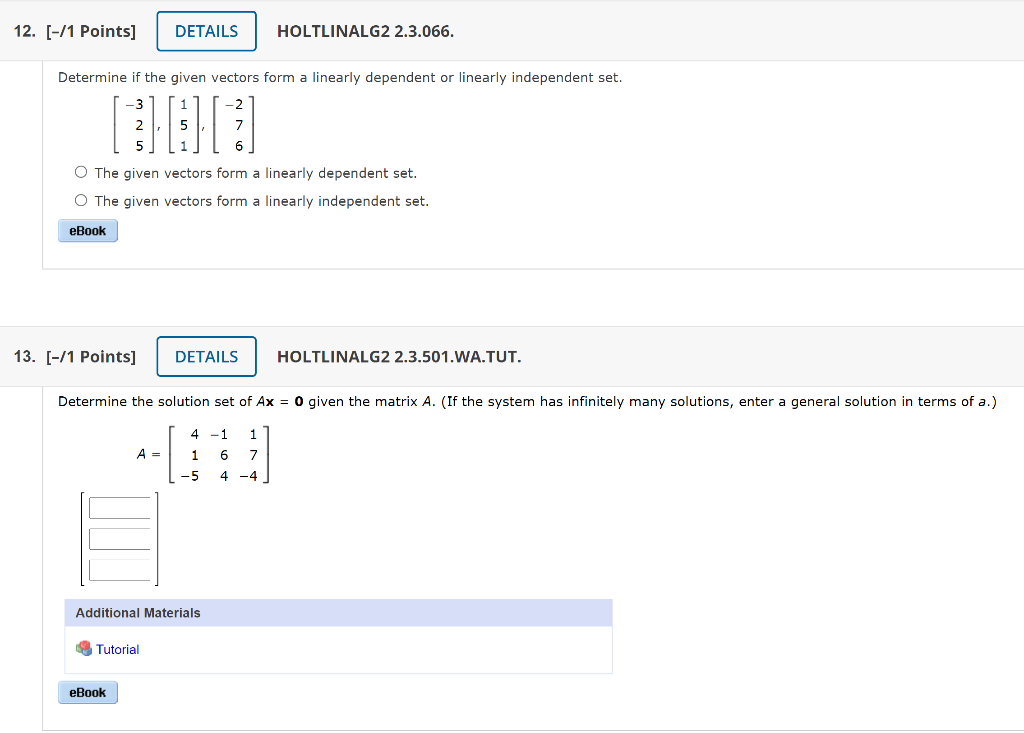 Solved 12. [-/1 Points] DETAILS HOLTLINALG2 2.3.066. | Chegg.com