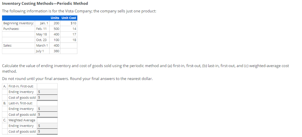 Solved Inventory Costing Methods-Periodic Method The | Chegg.com