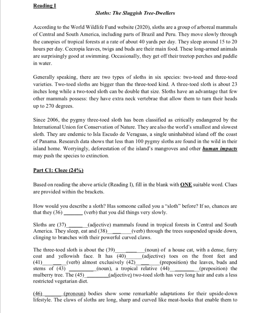 Solved Reading I Sloths: The Sluggish Tree-Dwellers | Chegg.com