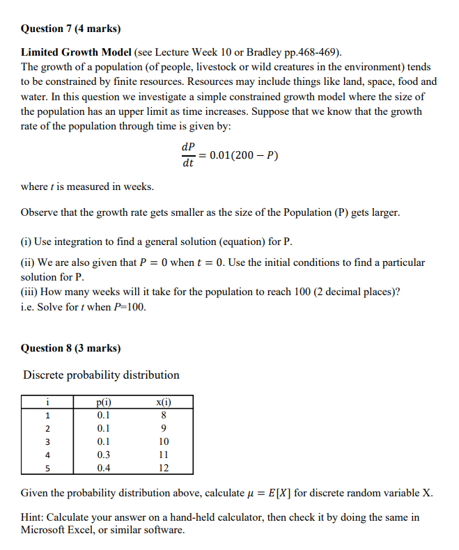 Solved Question 7 (4 marks) Limited Growth Model (see | Chegg.com