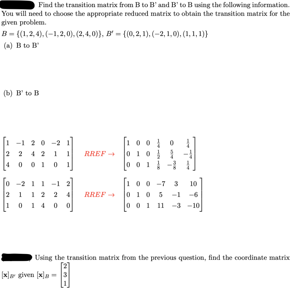 Solved Find the transition matrix from B to B' and B' to B | Chegg.com