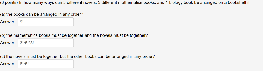 Solved (3 points) In how many ways can 5 different novels, 3 | Chegg.com