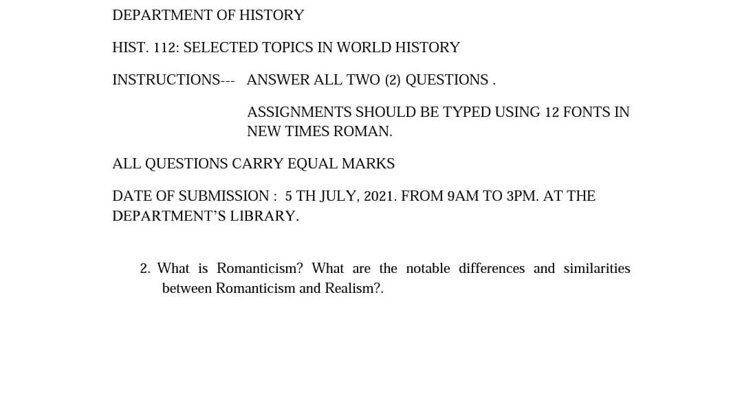 Solved DEPARTMENT OF HISTORY HIST. 112: SELECTED TOPICS IN | Chegg.com