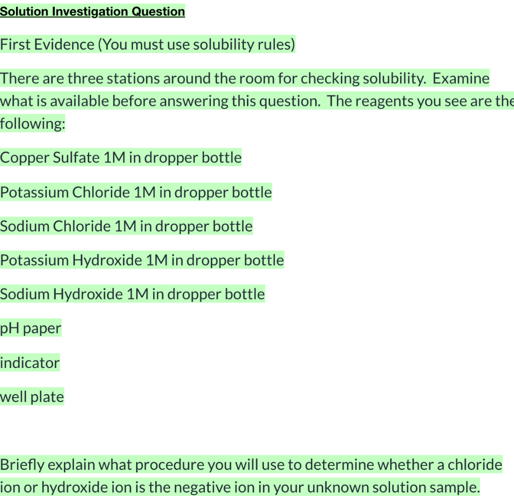 Solved Solution Investigation Question First Evidence (You | Chegg.com