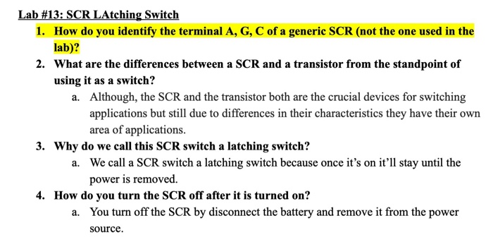 Solved Lab #13: SCR LAtching Switch How do you identify the | Chegg.com