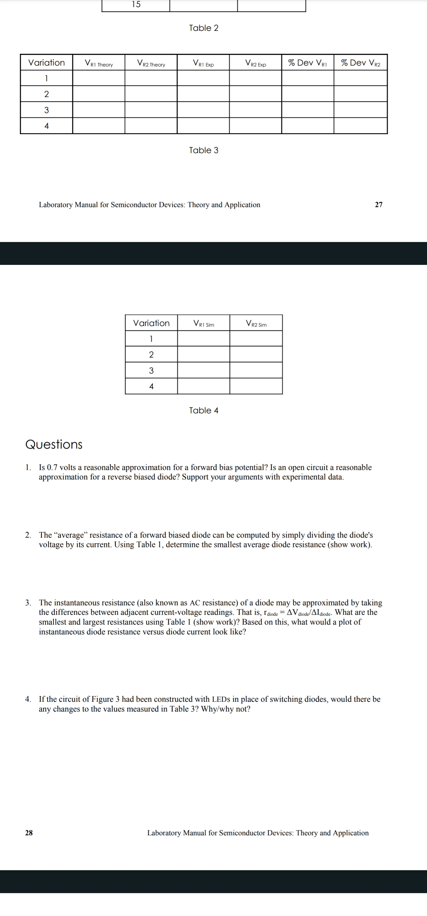 Table 2 Table 3 Laboratory Manual for Semiconductor | Chegg.com