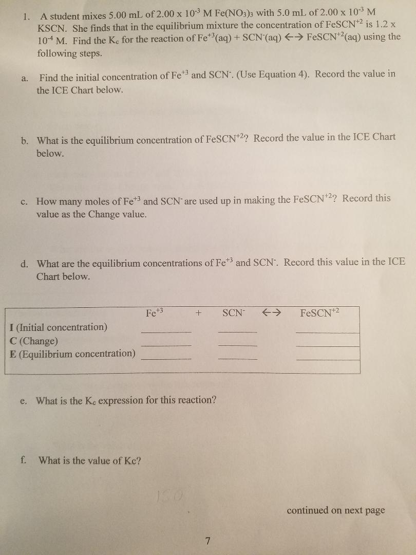 Solved 1. A student mixes 5.00 mL of 2.00 x 10 M Fe(NO3)3 | Chegg.com
