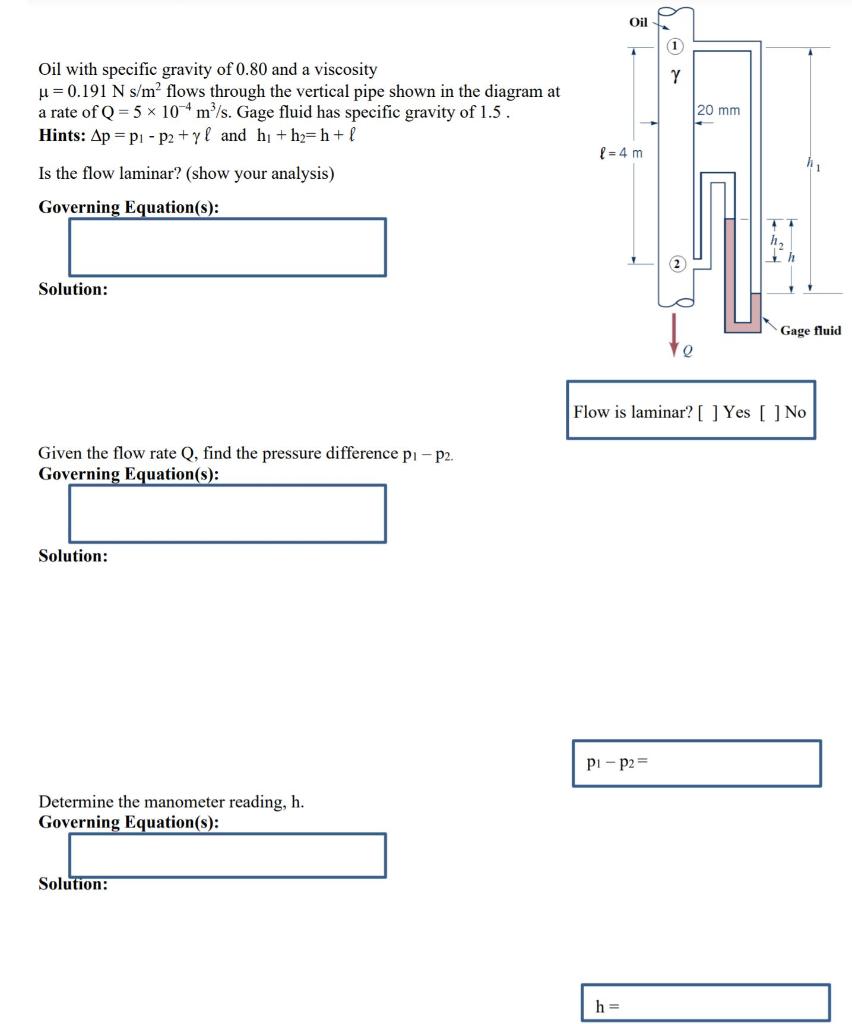 Solved Oil 1 7 20 mm Oil with specific gravity of 0.80 and a | Chegg.com