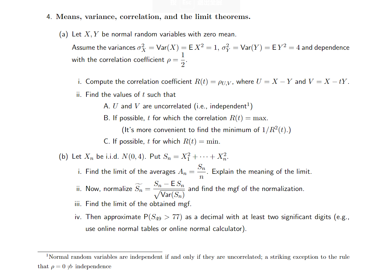 4. Means, variance, correlation, and the limit | Chegg.com