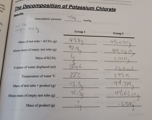 Solved Iestr The Decomposition of Potassium Chlorate tube. | Chegg.com