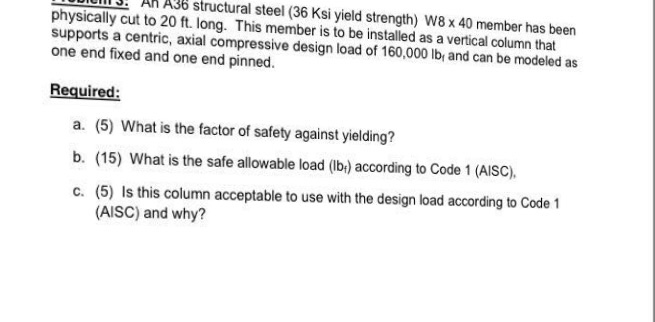 Solved An A 36 structural steel (36 Ksi yield strength) W8 | Chegg.com