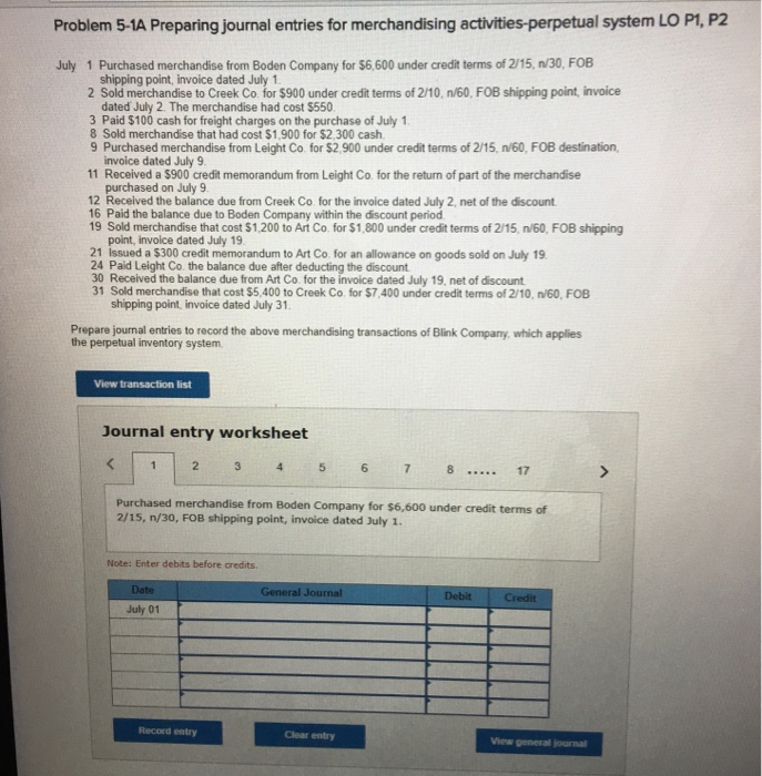 Solved Problem 5-1A Preparing journal entries for | Chegg.com