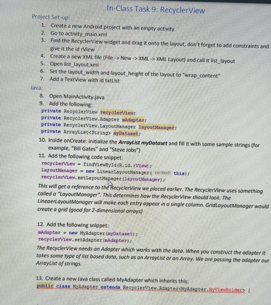 Solved Min class Task 9: RecyclerView Project Set-up: 1. | Chegg.com
