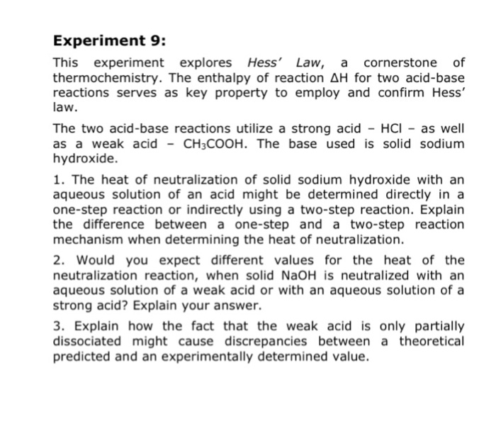 Solved Experiment 9: This experiment explores Hess' Law, a | Chegg.com