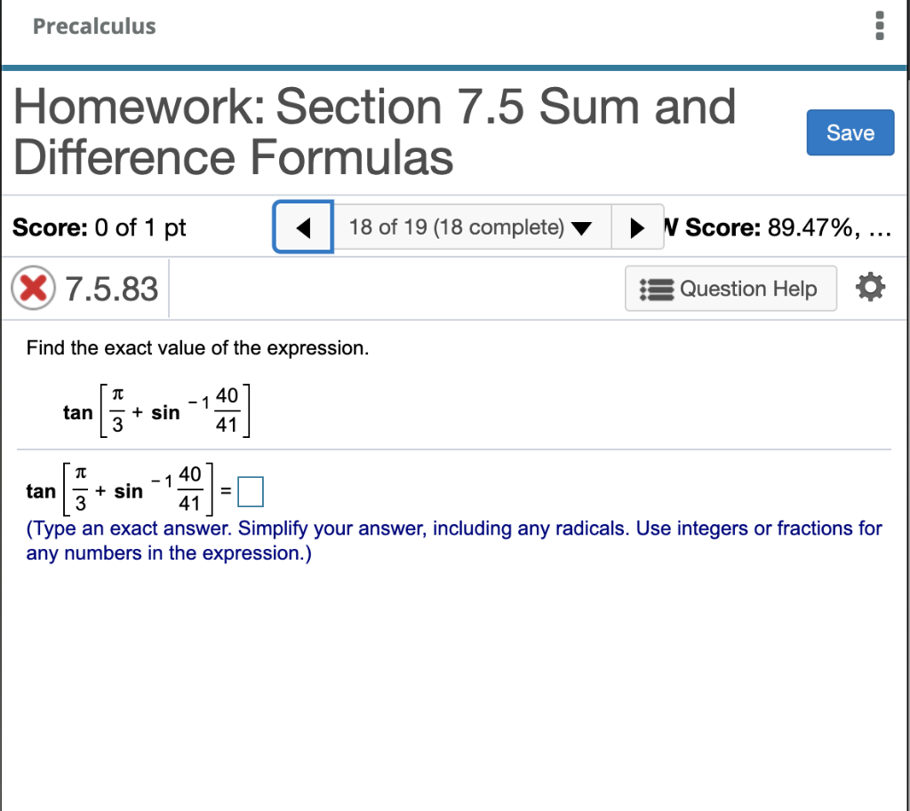 Solved Precalculus Homework: Section 7.5 Sum and Difference | Chegg.com