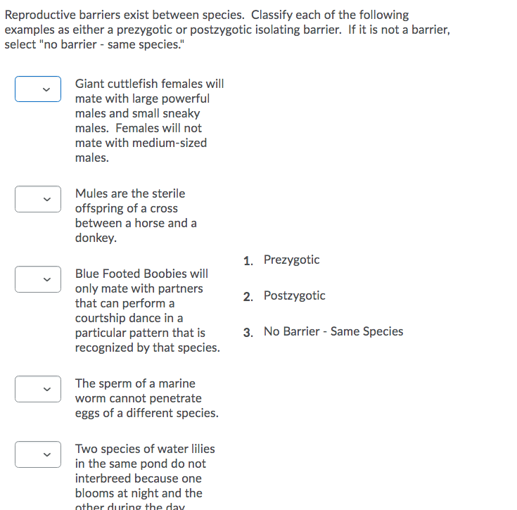 Solved Reproductive barriers exist between species. Classify | Chegg.com