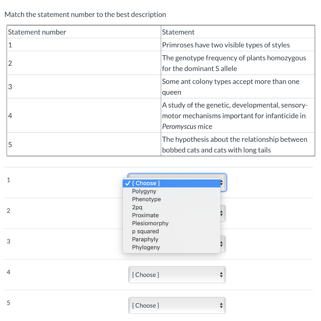 Solved Match the statement number to the best description | Chegg.com