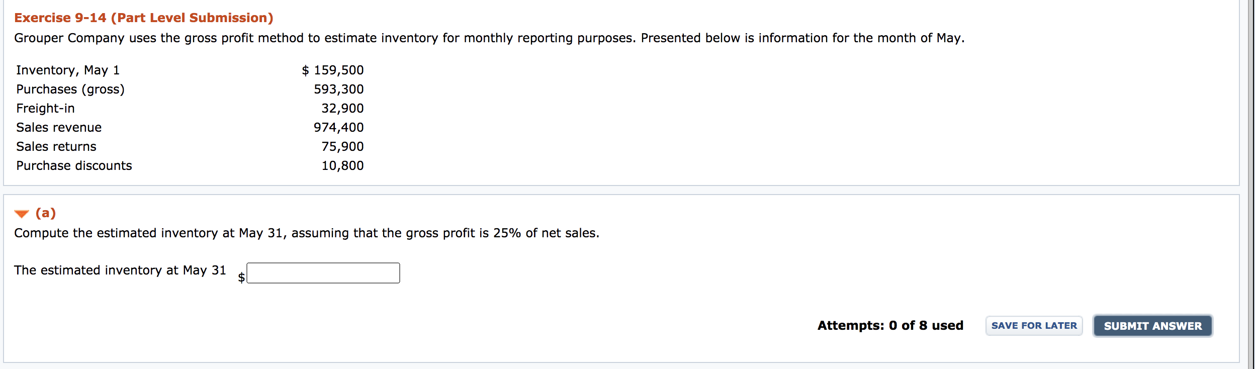 Solved Exercise 9-14 (Part Level Submission) Grouper Company | Chegg.com