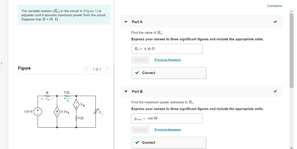 Solved Constants The variable resistor (Ro) in the circuit | Chegg.com