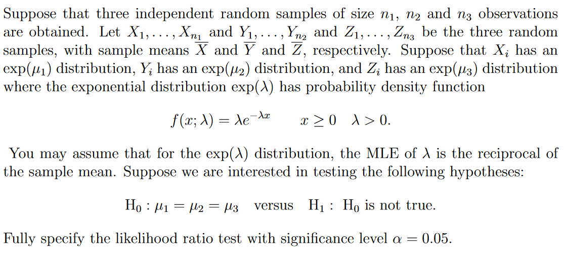 Solved Suppose that three independent random samples of size | Chegg.com