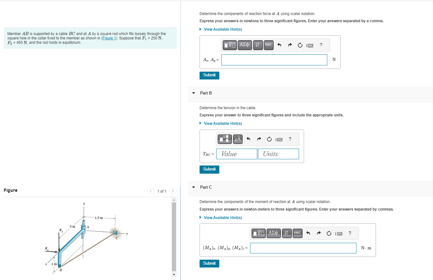 [Solved]: Determine the components of reaction force at A