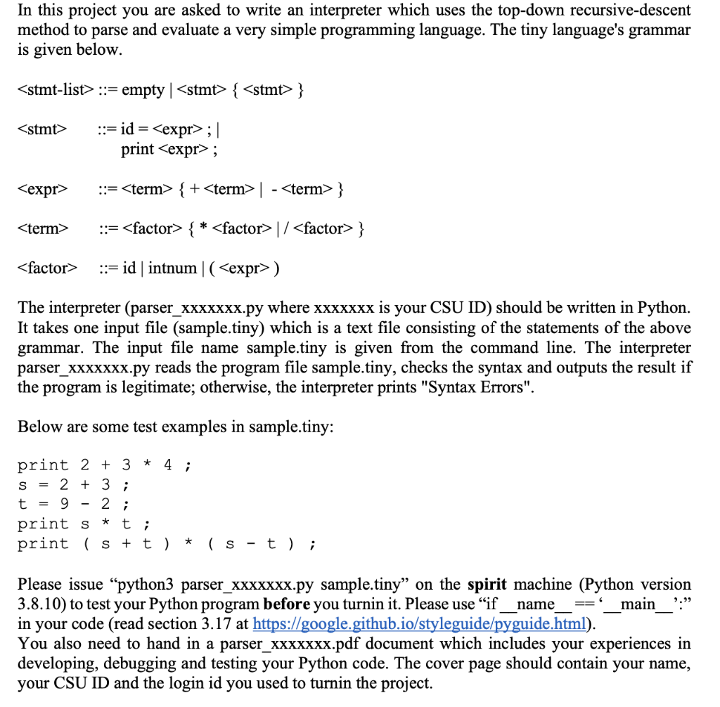 Solved In this project you are asked to write an interpreter | Chegg.com