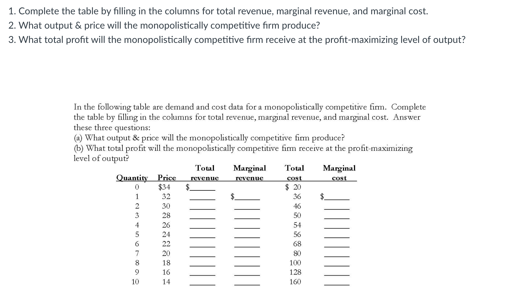 Complete the table by filling in the columns for | Chegg.com