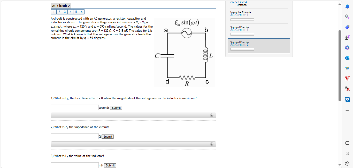 Solved A circuit is constructed with an AC generator, a | Chegg.com