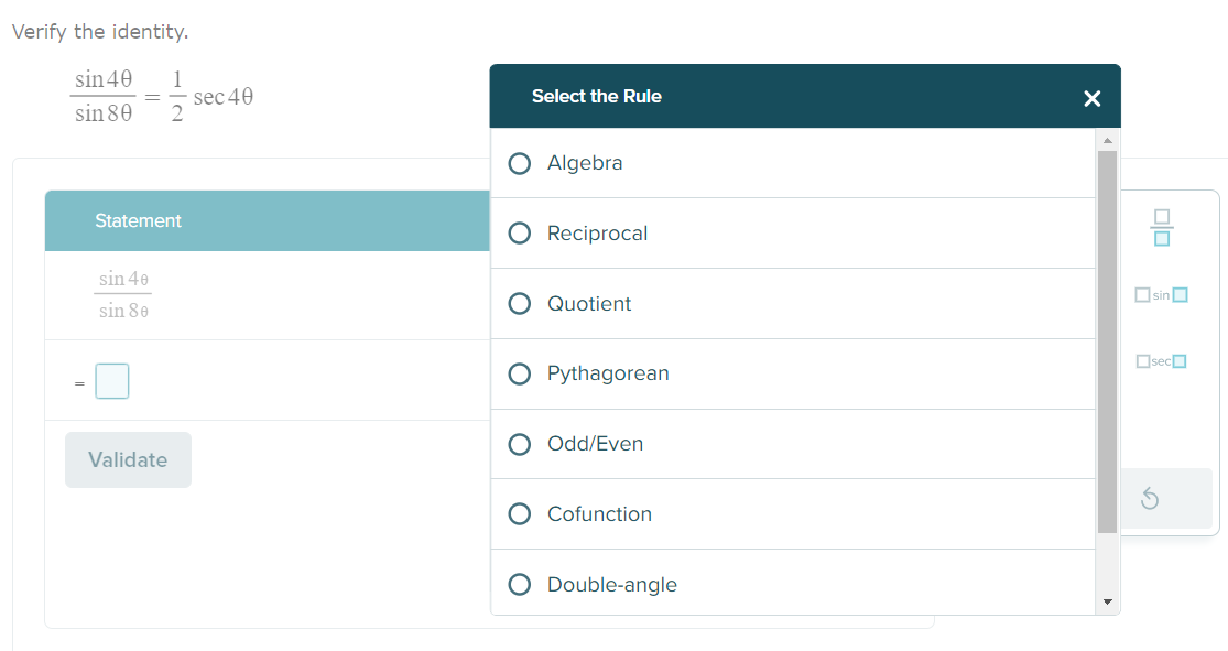 Solved Verify the identity. sin 40 ܗܕ 1 2 sec 40 Select the | Chegg.com