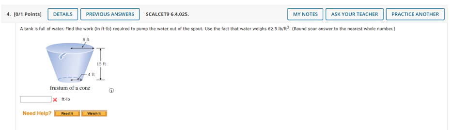 Solved A tank is full of water. Find the work (in ft-lb) | Chegg.com