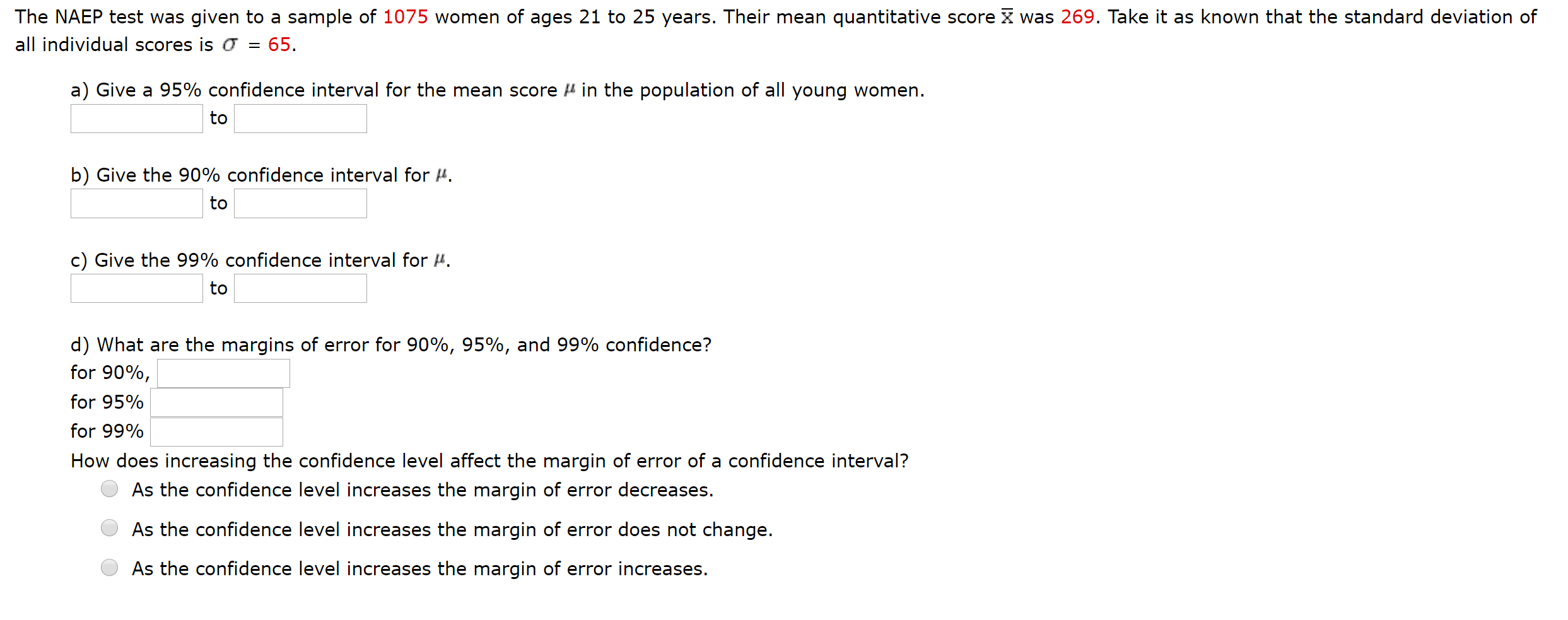 Solved The NAEP test was given to a sample of 1075 women of | Chegg.com