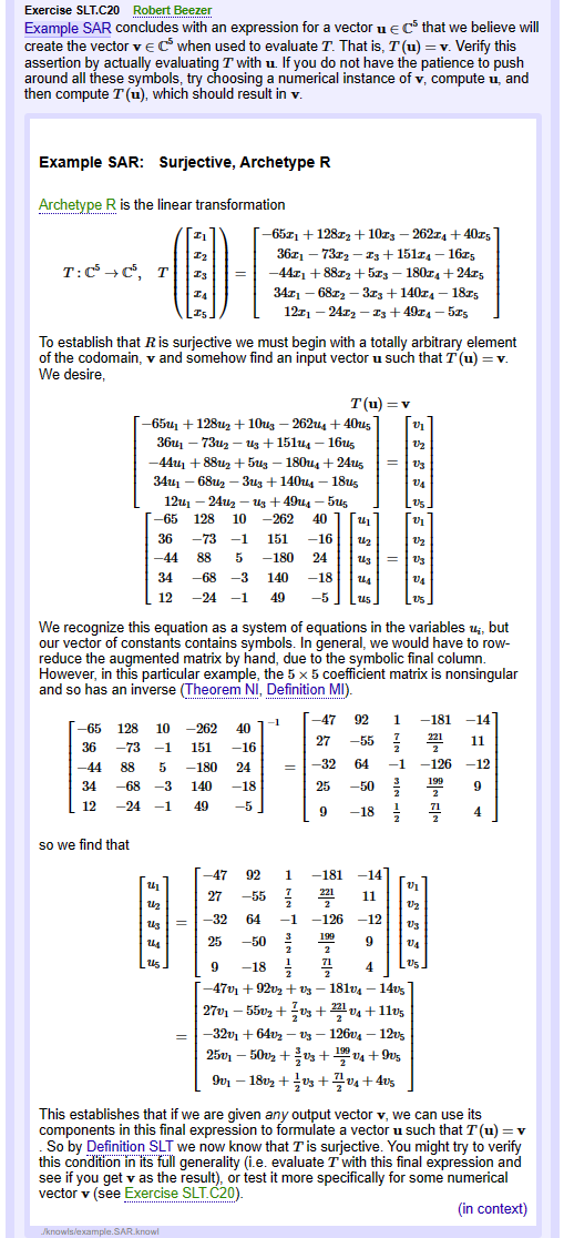 Exercise SLT.C20 Robert Beezer Example SAR concludes | Chegg.com
