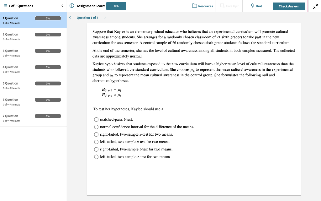 Solved = 1 of 7 Questions Assignment Score: 0% Resources | Chegg.com