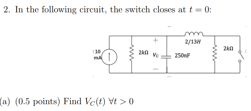 Solved 2. In the following circuit, the switch closes at t=0 | Chegg.com