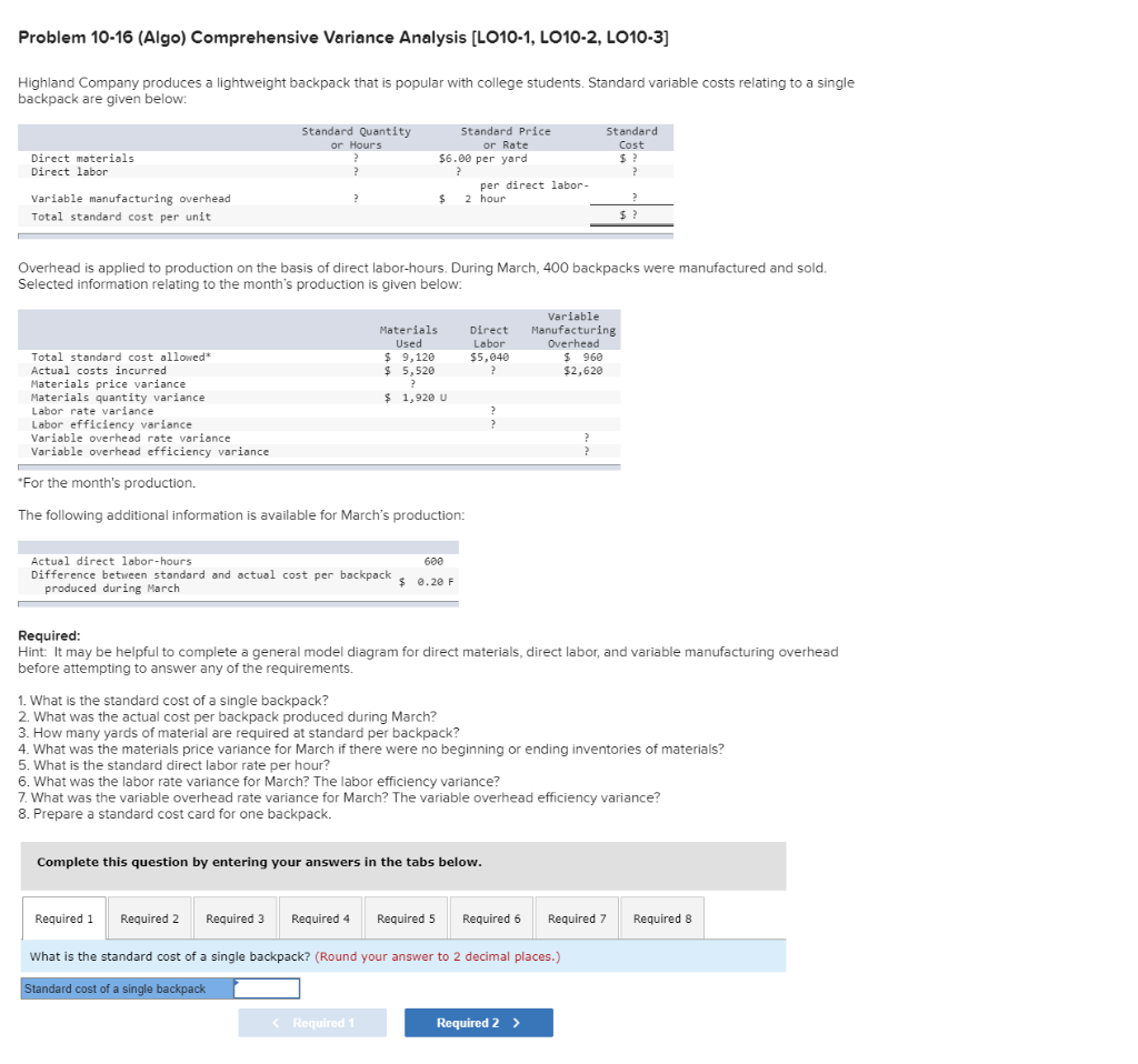 Solved Problem 10-16 (Algo) Comprehensive Variance Analysis | Chegg.com